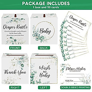 Pajean 51 Pcs Greenery Diaper Raffle Tickets with Card Sign Box Baby Shower Party Decorations Leaves Diaper Raffle Insert Invitations Card, Bring a Pack of Diapers to Win Prize