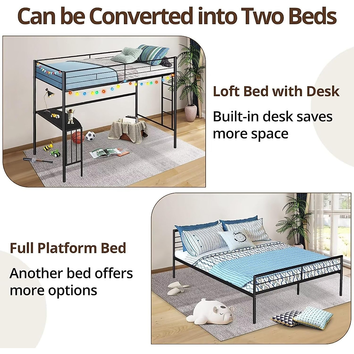 Twin Over Full Bunk Bed, Metal L-Shaped Bunk Bed Frame with Desk, Guardrail and Ladder, Space Saving Bed for Boys Girls, Convertible Into Twin Loft Bed & Full Platform Bed, Noise Free, Black