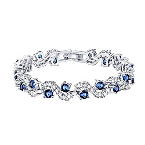 Feraco Blue Tennis Cubic Zirconia Bracelet for Mom Daughter Womens Classic 14K Plated Sapphire Bangle Crystal Valentine's Day Jewelry Gifts