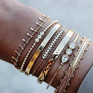 Sakytal Boho Gold Cuff Bangles Bracelets Layered Stackable Bracelet Set Rhinestone Open Cuff Bracelet for Women(7Pcs)