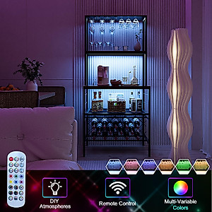 GEBAROW Wine Rack Freestanding, Metal Wine Rack, Industrial Wine Bakers Rack with LED and Sockets, Bar Cabinet with Glass Bottle Holder for Home Kitchen Dining Room, Rustic Brown