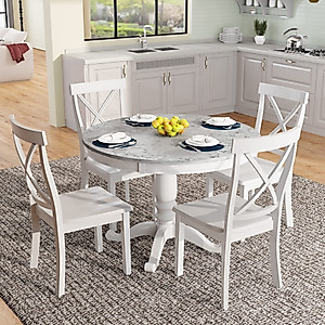 GINGVAT 5 Piece Round Dining Table Set for 4,with Marble Veneer and X Back 4 Solid Wood Chairs,42-Inch, White