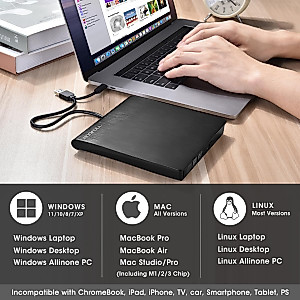 ROOFULL External CD DVD +/-RW Drive USB 3.0 & USB-C CD Burner DVD Player Reader Writer Optical Disc Drive with Carrying Case for Laptop Mac MacBook Pro/Air, Windows 11/10/8/7, Linux PC