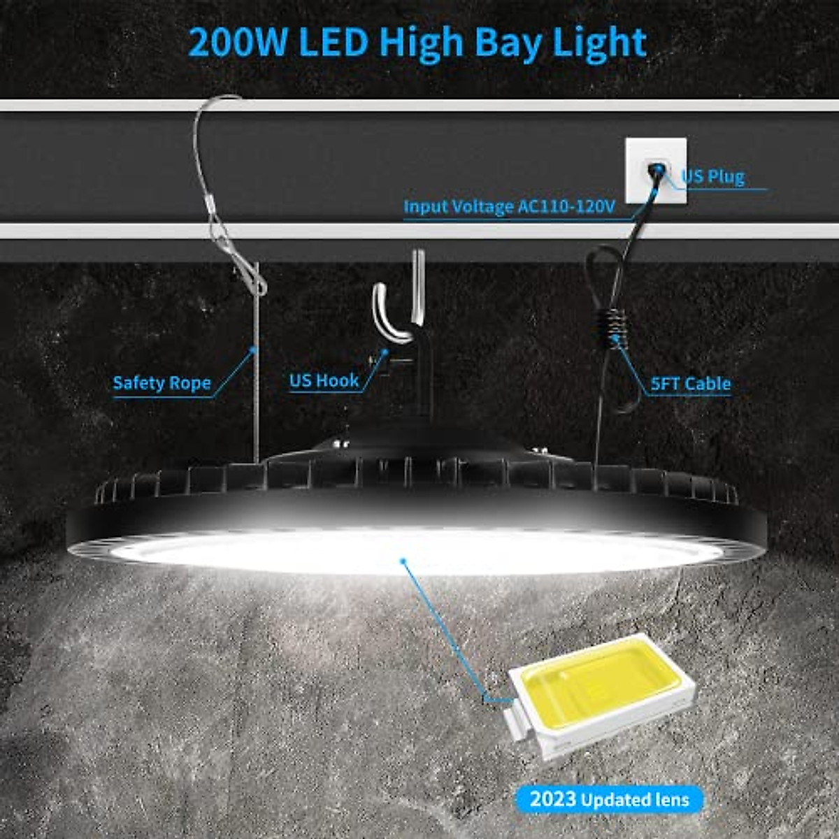 Viugreum 2pack LED High Bay Light 5000K, 200W, 20000Lm(Ip65) UFO High Bay Lights with US Plug Commercial Bay Lighting for Barn/Garage Commercial Warehouse Car Wash Shop UFO Lights, Hanging Chain