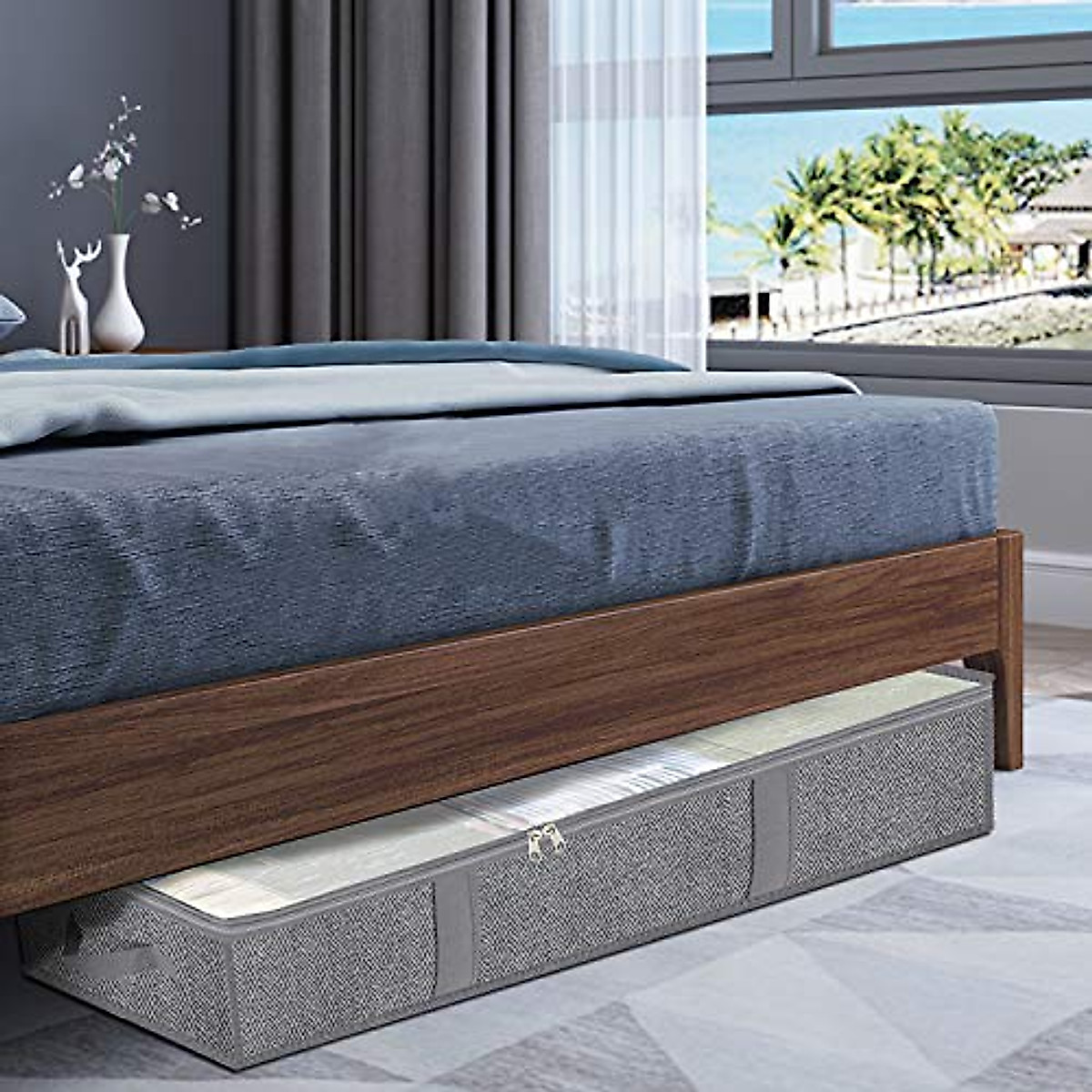 Under the Bed Storage Bags Container,Foldable Large Capacity Underbed Bins Organizer with 4 Strong Handles,2 Sturdy Zippers and Clear Window for Blanket Comforter Clothing Bedding