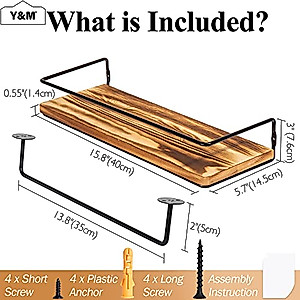 Y&M Floating Shelves Bathroom with Removable Towel Rack, Rustic Wall Mounted Storage Shelf for Bedroom, Office, Kitchen, Entryway Decor, Carbonized Pine Wood Board, Black Metal Frame - Set of 2
