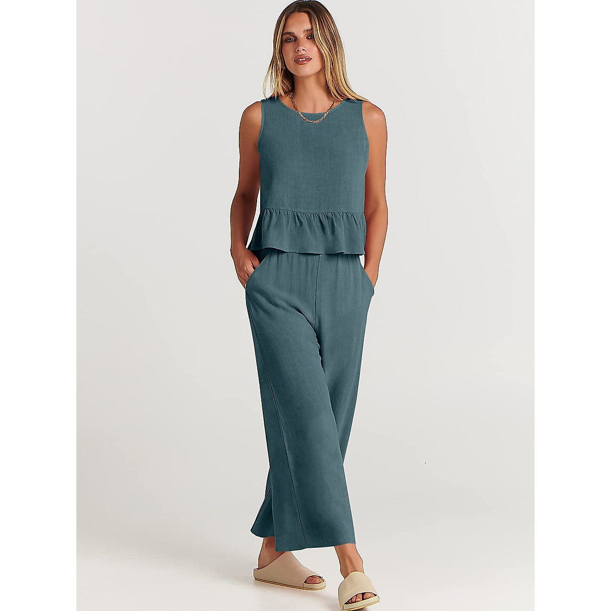 ANRABESS Women Summer 2 Piece Outfits Sleeveless Tank Crop Top Wide Leg Pants Linen Jumpsuits Lounge Matching Beach Sets Cyan Blue Large