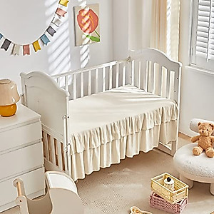 Tufted Ruffle Crib Bedding Set 3 Pieces Baby Boho Quilted Comforter with Fitted Sheet and Bed Skirt - Cute Ruffled Shabby Chic Baby Bedding Soft Blanket Design Cream White