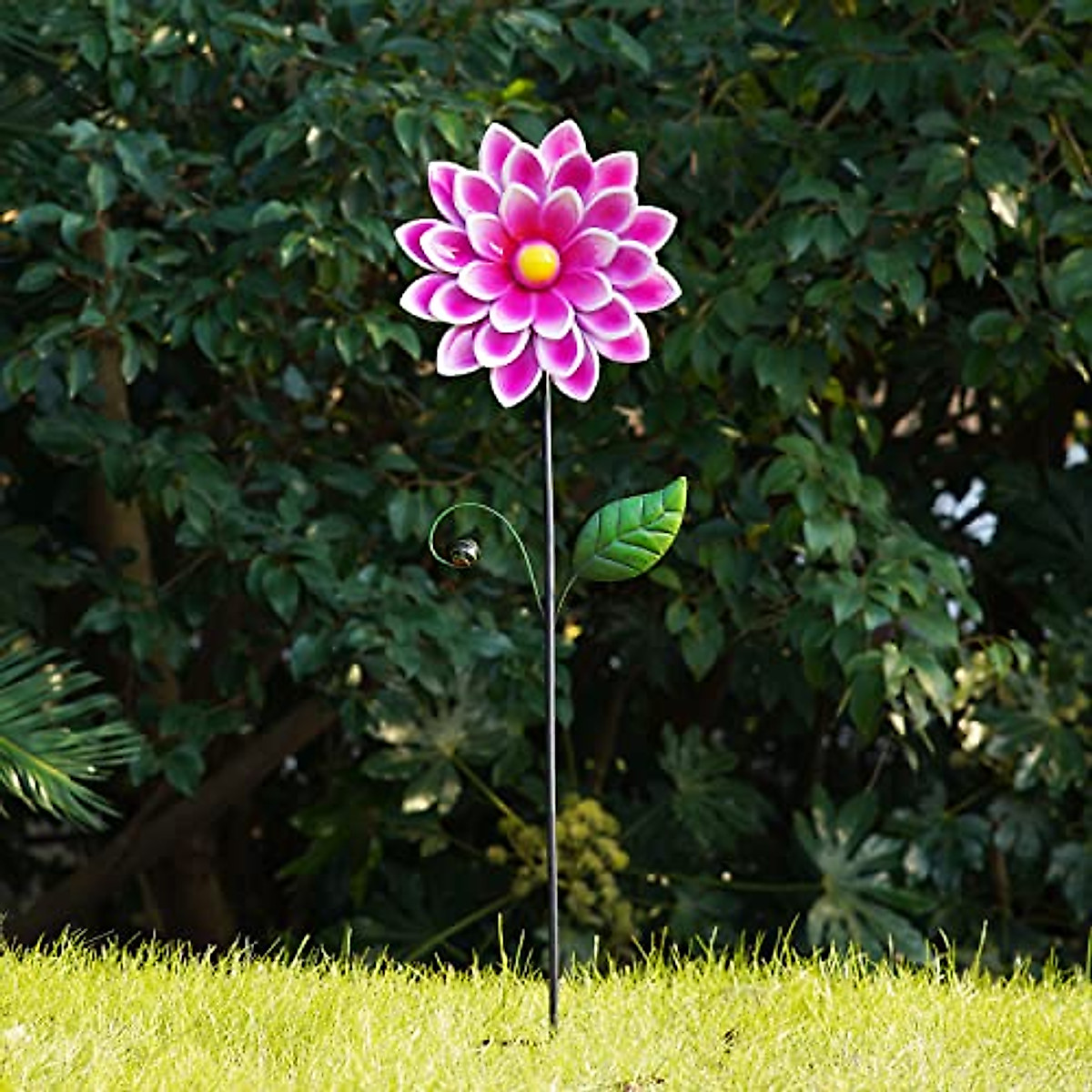 Metal Flower Garden Stake Decor,37" Flower Garden Stake for Outdoor Home Garden Backyard Lawn Pathway Patio Flower Stick Decor,Pink