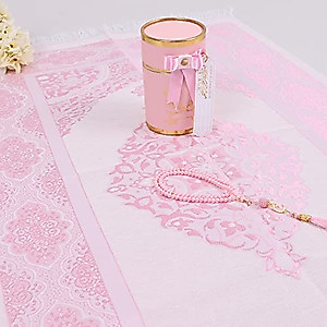 Islamic Elite Favors Personalized Muslim Lightweight Travel Prayer Rug Prayer Beads Set, Prayer Mat Tasbeeh Set, Ramadan Eid Hajj Umrah Wedding Birthday Graduation Mother's Day (Pink)