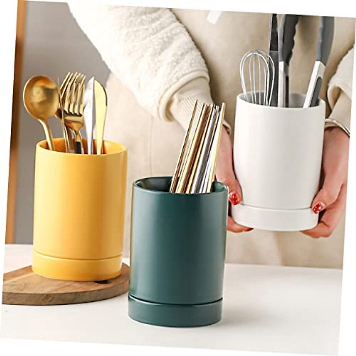 UPKOCH 2 sets with Ceramic Caddy Rack Home Utensil Canister Countertop Drainer Makeup Forks Spatulas Decoration and for Holder Rest Yellow Chopstick Cutlery Organizer Base Matte