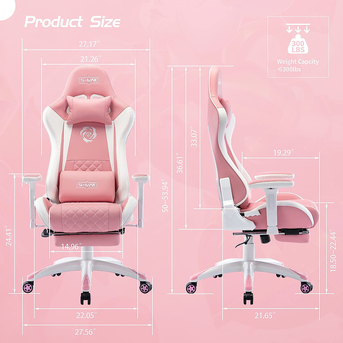 S*MAX Pink Gaming Chair with Footrest Thicken Seat Ergonomic Pink Gamer Chair with 3D Armrest PU Leather Headrest and Lumbar Support High Back Gaming Chair for Girls Pink and White