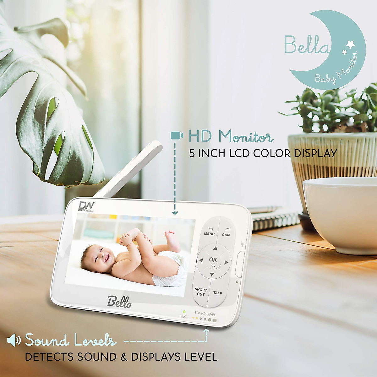 Dockwell Bella Video Baby Monitor with Camera and Audio - 5" LCD Display - HD Clear Picture Quality - Wide Angle 340 Degrees Pan 90 Degrees Tilt - 2 Way Audio - Alert Notifications - Night Vision