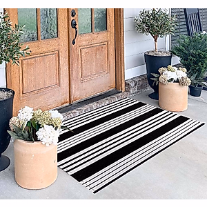 BUAGETUP Black and White Layered Doormat,27.5x43.3inch Striped Outdoor Rug Hand Woven Cotton Indoor Outdoor Rug for Porch Layered