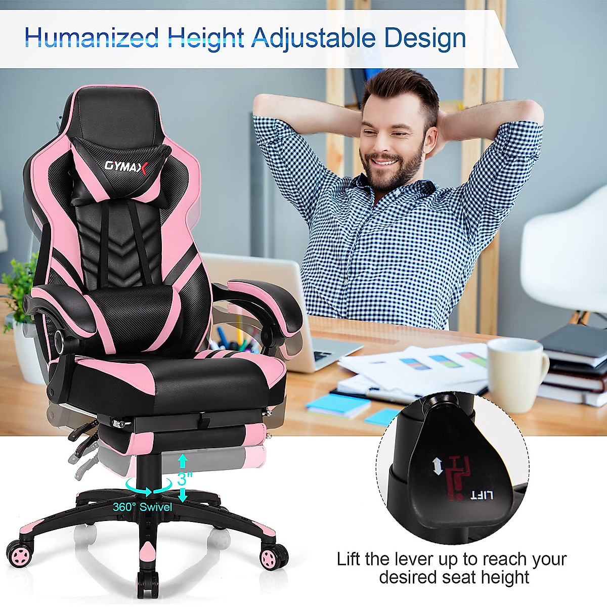 GYMAX Gaming Chair, Ergonomic Computer Chair with Footrest, Linkage Armrests & Lumbar Cushion, Big Wide High Back Video Gaming Chair, Reclining Office Rolling Chair for Adult/Teens (Pink)