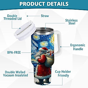 RPLIFE Christmas Santa Claus Starry Night 40 Oz Tumbler with Handle and Straw, Stainless Steel Cups with Lid, Tumblers for Women