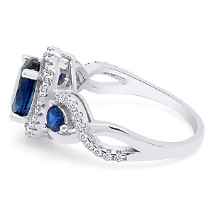 SAVEARTH DIAMONDS Three Stone, Oval Cut 8x6MM Center, Round Cut Simulated Blue Sapphire And White Cubic Zirconia Infinity Oval Halo Engagement Ring In 14k White Gold Over Sterling Silver Size-8