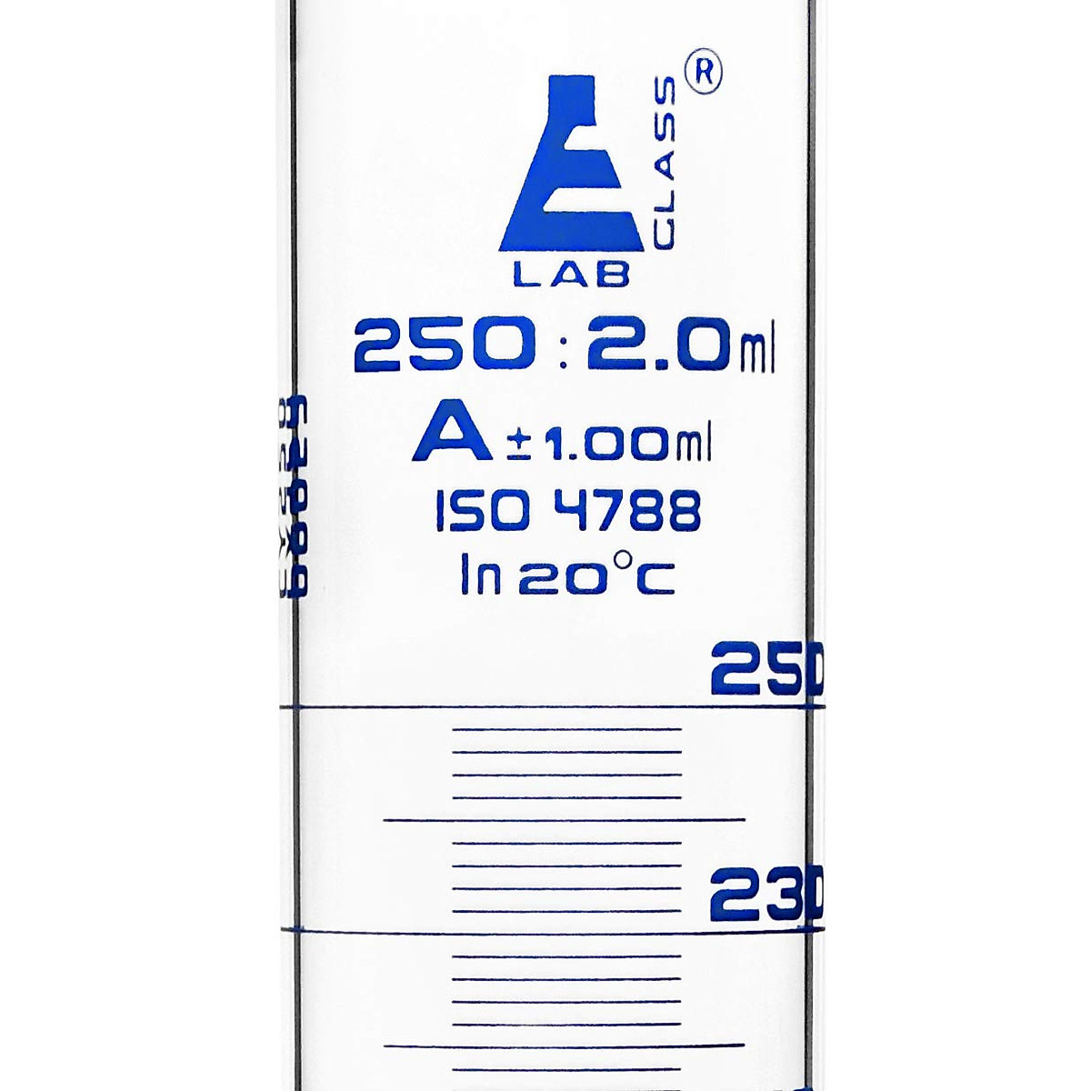 EISCO Graduated Cylinder, 250ml - Class A Tolerance ±1.00ml - Hexagonal Base - Blue Graduations - Borosilicate 3.3 Glass
