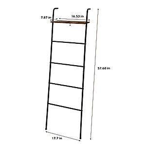 Blanket Ladder Farmhouse Decorative Ladder Holder with Storage Shelf, Wall Leaning Towel Racks for Bathroom, Living Room, Bedroom, Laundry Room, Black