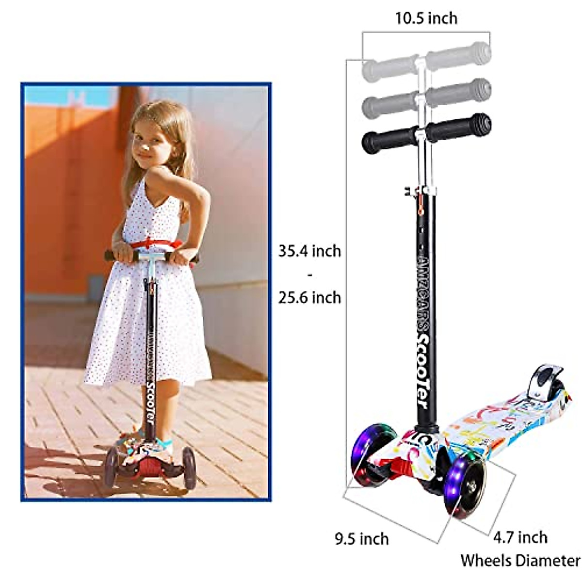 AMZCARS Kick Scooter for Kids, 3 Wheels Toddlers Scooter for 6 Years Old Boys Girls Learn to Steer, Kids Scooter 4 Adjustable Height, Extra-Wide Deck, Flashing Wheel Lights for Children Gifts