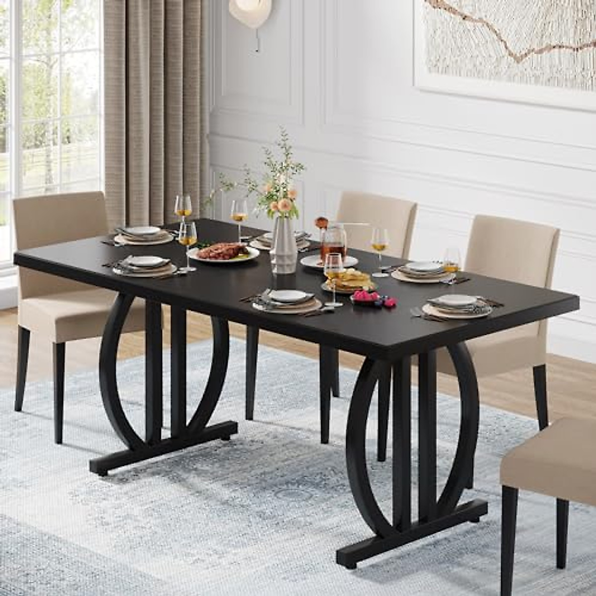 LITTLE TREE Modern Dining Table for 4-6 People, 63" Large Rectangular Kitchen Table with Geometric Legs, Unique Dinner Table Kitchen & Dining Room Furniture