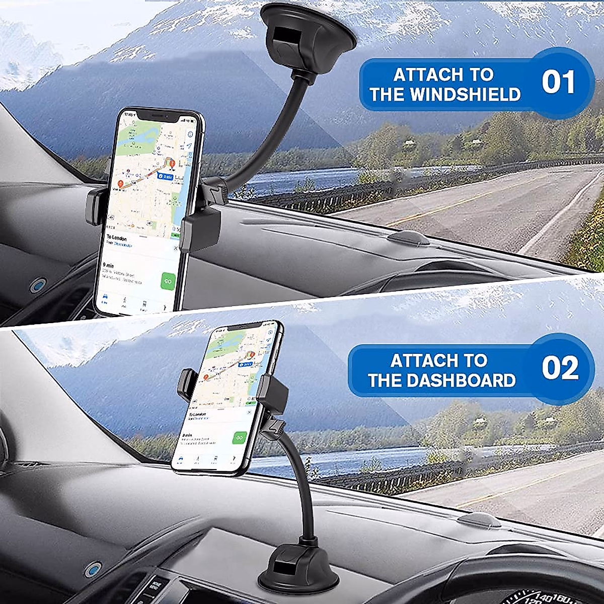 Leaflai 360 Rotatable Windshield Car Phone Holder, Compatible with iPhone 14, Samsung S21, LG G7, Sony Xperia, OnePlus 9 Pro/ 9R/ 8T