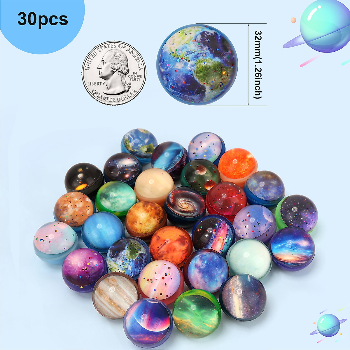 Pllieay 30PCS Galaxy Bouncy Balls, 32mmSpace Bouncy Balls Bulk, Space Party Favors Rubber Balls for Kids Party Favors, Space Toys for Kids, Christmas Gift Bag Filling(30 style)