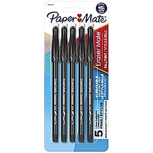 Paper Mate Erasermate Stick Medium Tip Ballpoint Pens, 5 Black Ink Pens (3150458PP)