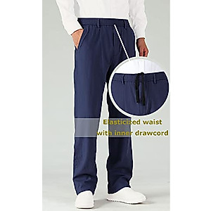 Soojun Men's Relaxed Fit Elastic Waist Drawstring Cotton Linen Pants, Navy, 30W x 32L