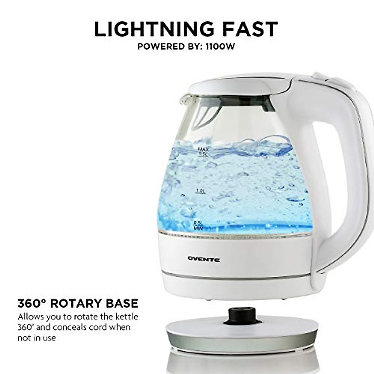 Ovente Portable Electric Glass Kettle 1.5 Liter with Blue LED Light and Stainless Steel Base, Fast Heating Countertop Tea Maker Hot Water Boiler with Auto Shut-Off & Boil Dry Protection (White)