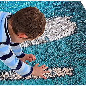 Sensory Wall Sequin Flip Fabric for Kids,2Yard Large Sequins Sensory Graffiti Fabric for Toddlers,Tactile Stimulation,Reversible Glitter Fabric (2 yd, Lake Blue + Silver)