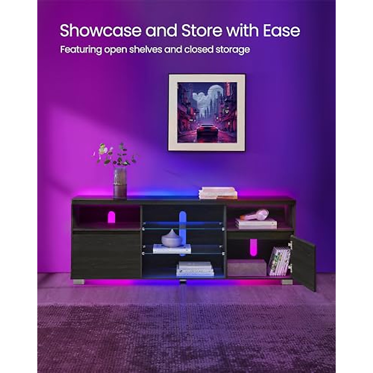 VASAGLE TV Stand with LED Lights for TVs up to 70 Inch, Entertainment Center with Open Glass Shelves, 2 Cabinets with Doors, 63-Inch Long, TV Console for Bedroom Living Room, Black ULTV330T21