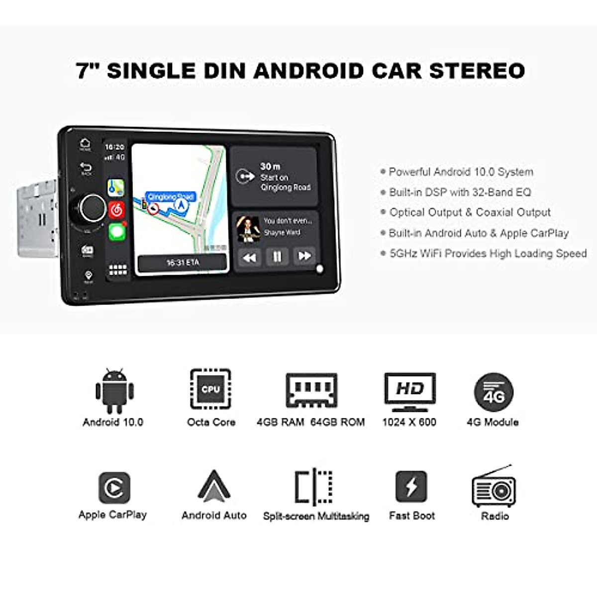 Joying Android 10.0 Head Unit Octa Core 4GB+64GB 7 Inch Single Din Auto Car Stereo Universal Radio with Physical Button Support 4G SIM/FM Radio/Bluetooth 5.1/Back-Up Camera/Fast Boot/DVR/OBD2/SWC