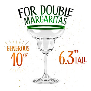 10 oz Margarita Cocktail Glasses + Colorful Party Rims | Set of 4 | Classic Frozen Drinks Stemware + Fun Cactus Gift Box | Thick Stem, Heavy Duty, Clear Hand Blown Glassware Drinking Set
