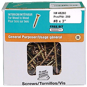 Hillman 48260 8 X 3-Inch Square Drive Multipurpose Wood Screw, 250-Pack, Yellow Zinc