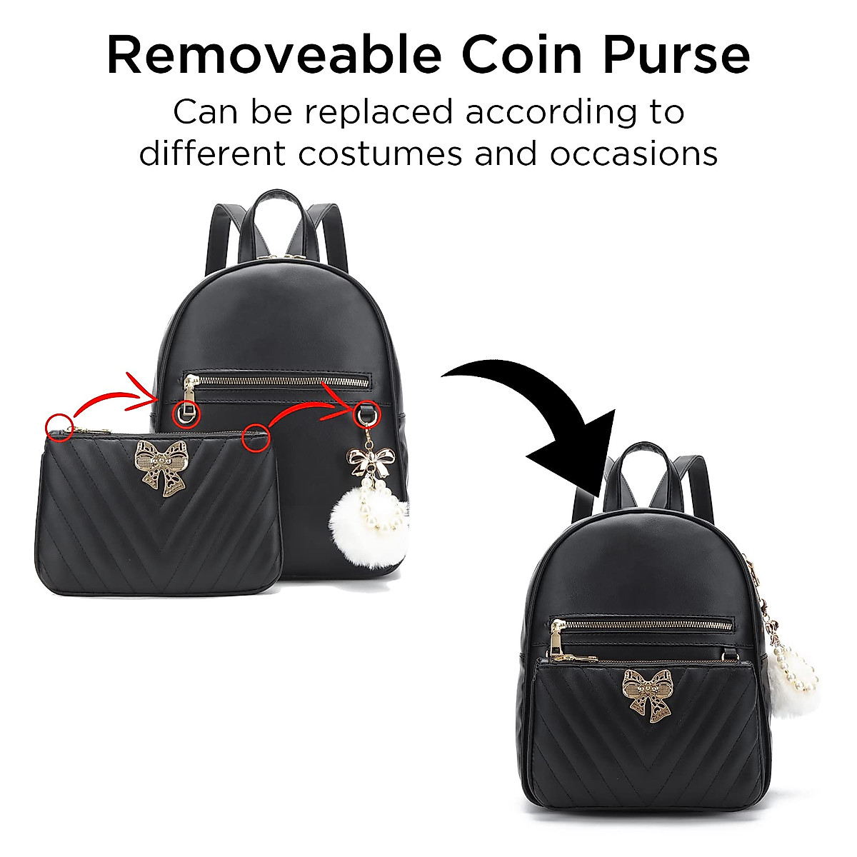 I IHAYNER Women Fashion Backpack Purse 2 PCS Mini Backpack for Women Designer Shoulder Bag Travel bag with Detachable Chain Handbags Black