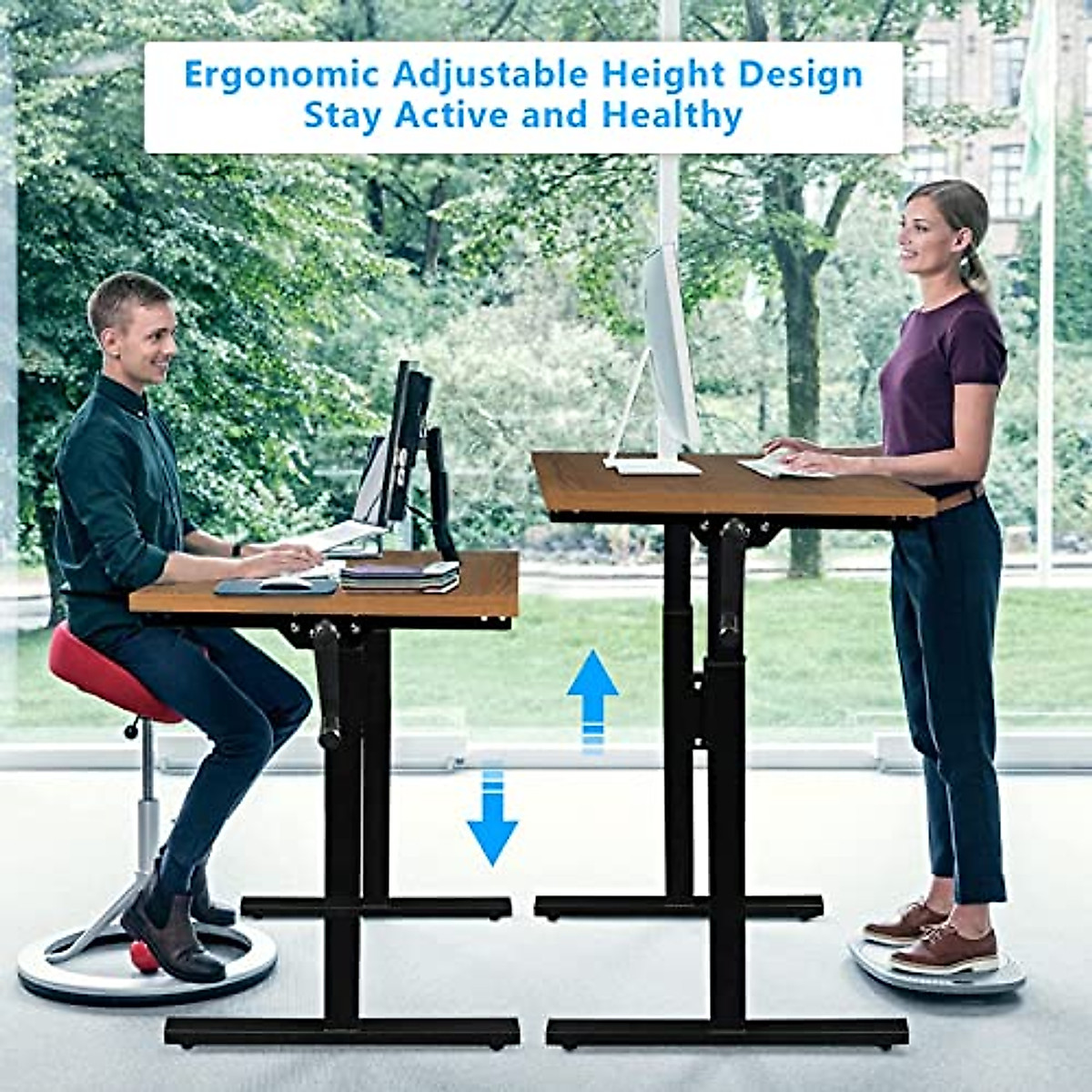 ERGO COMFY Manual Height Adjustable Standing Desk, 48 x 24 Inch Hand Crank Standing Desk with One-Piece Table Top, Sit Stand up Rising Desk, Home Office Computer Workstation, Walnut and Black