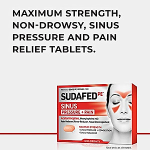 Sudafed PE Sinus Pressure + Pain Relief Maximum Strength Non-Drowsy Decongestant, 24 Count