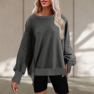 items sold and shipped by amazon only Womens Oversized Casual Slit Y2K Pullover Top Crewneck Long Sleeve Corded Sweatshirts Fall Outfits 2023 Winter Clothes Dark Gray M