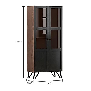 ECACAD 3-Tier Tall Bookcase Storage Cabinet with 2 Acrylic Glass Doors, Wood Bookshelf Display Cabinet with Metal Legs for Living Room & Office, Brown and Black (31.5”L x 15.9”W x 70.7”H)