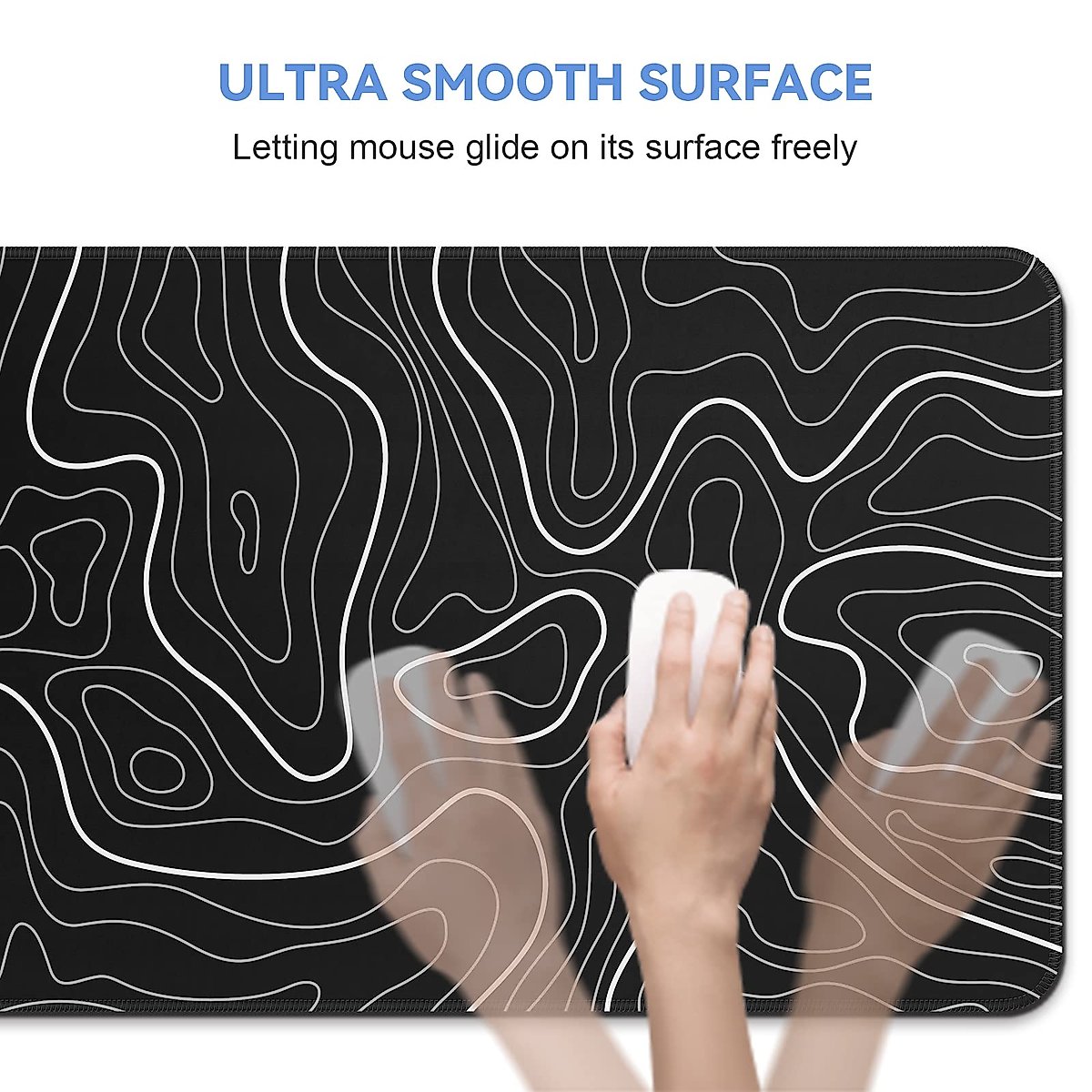 DIGSOM Mouse Pad Gaming Mousepad 31.5 x 11.8in Large Mouse Pad for Keyboard and Mouse with Anti-Slip Rubber Base, Keyboard Pad XL Mouse Mat for Home and Office（Black with White Topographic Line）