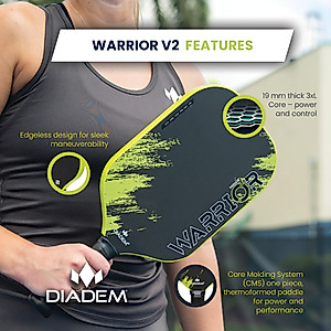 Diadem Warrior V2 Pickleball Paddle – Liquid Carbon Fiber Edgeless Design, Etched Face for Lasting Spin, 19MM Thick, 3 Layer Construction (Yellow)