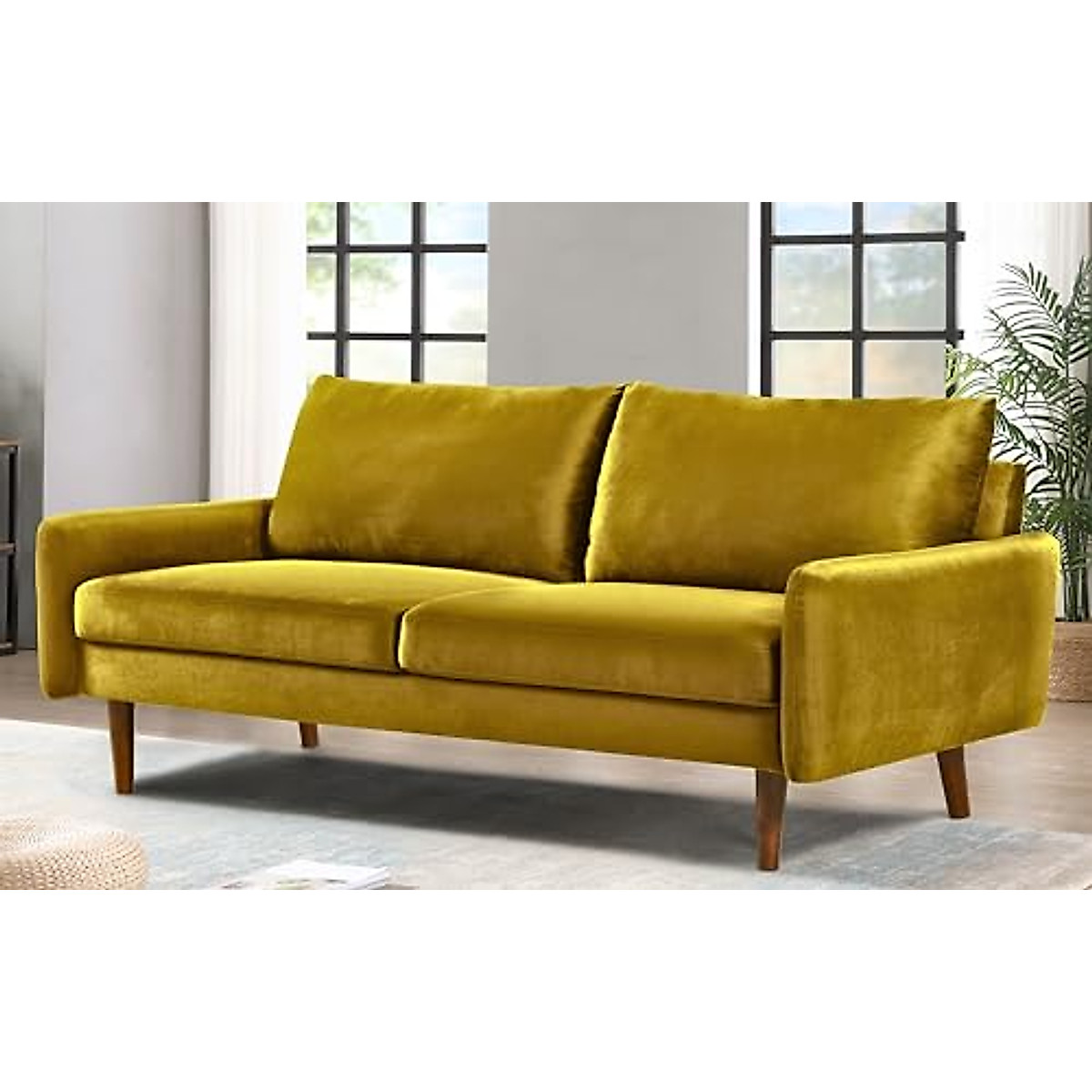 Container Furniture Direct Kent Velvet Sofa for Modern Living Rooms and Compact Spaces, Comfy 3 Seater Couch Studio Apartment Furniture with Sleek Design, Greenish Yellow