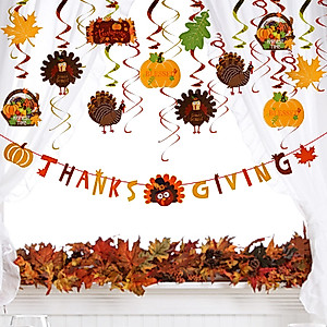 MorTime 31 PCS Thanksgiving Hanging Ceiling Swirl Pendant & Hanging Thanksgiving Banner, Autumn Themed Spiral Turkey Pumpkin Maple Leaves for Thanksgiving Home, School and Party Decorations