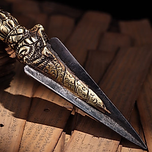 8" Tibetan Temple Collection Old Bronze Horse Head Mahakala Head Skull Head Dorje Vajra Phurpa Tiantie tip Town House Exorcism