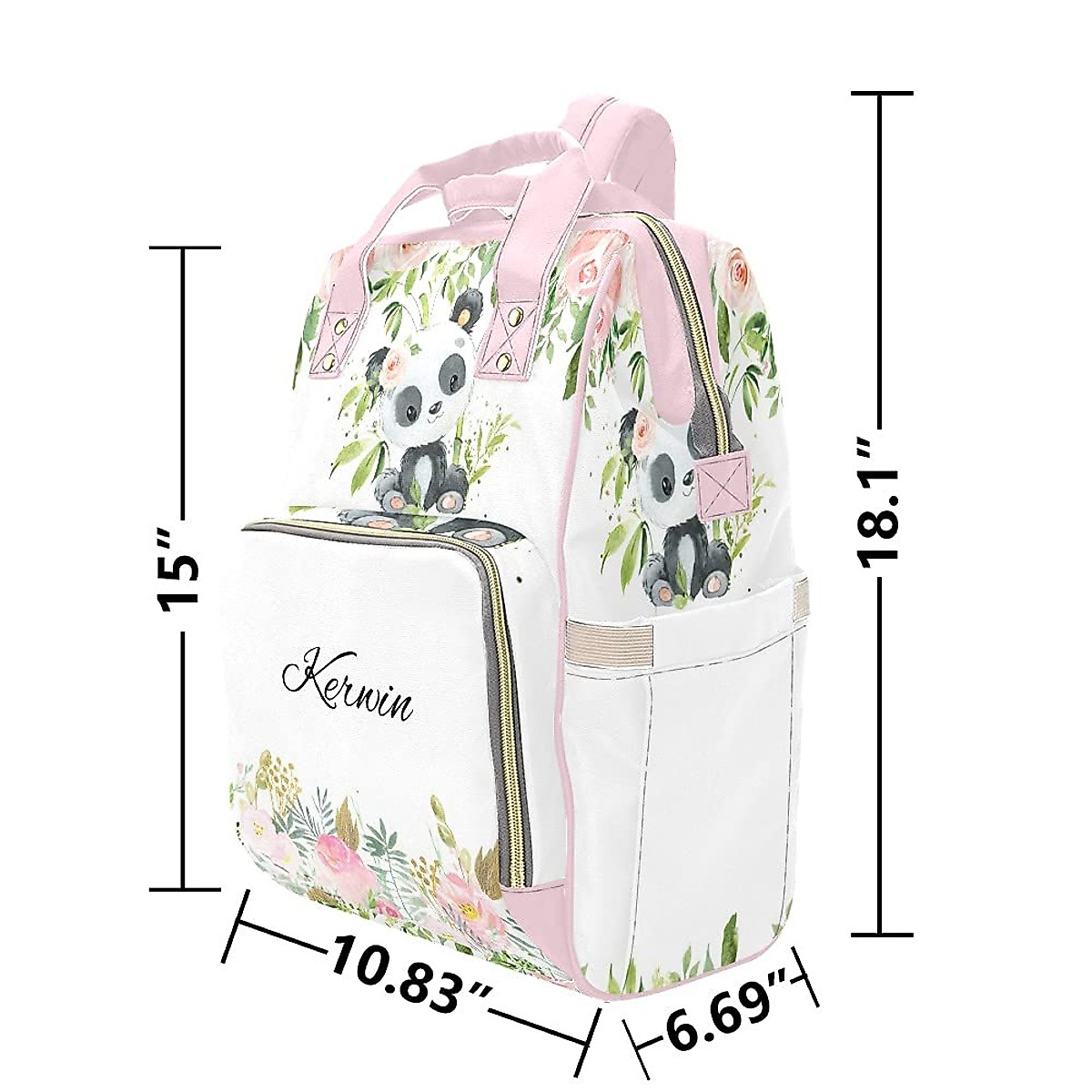 SunFancy Personalized Pink Flower Panda Bamboo Diaper Backpack with Name Text Large Capacity Custom Multi-Function Bag Unisex Travel Backpack for Mom Dad Boy Girl
