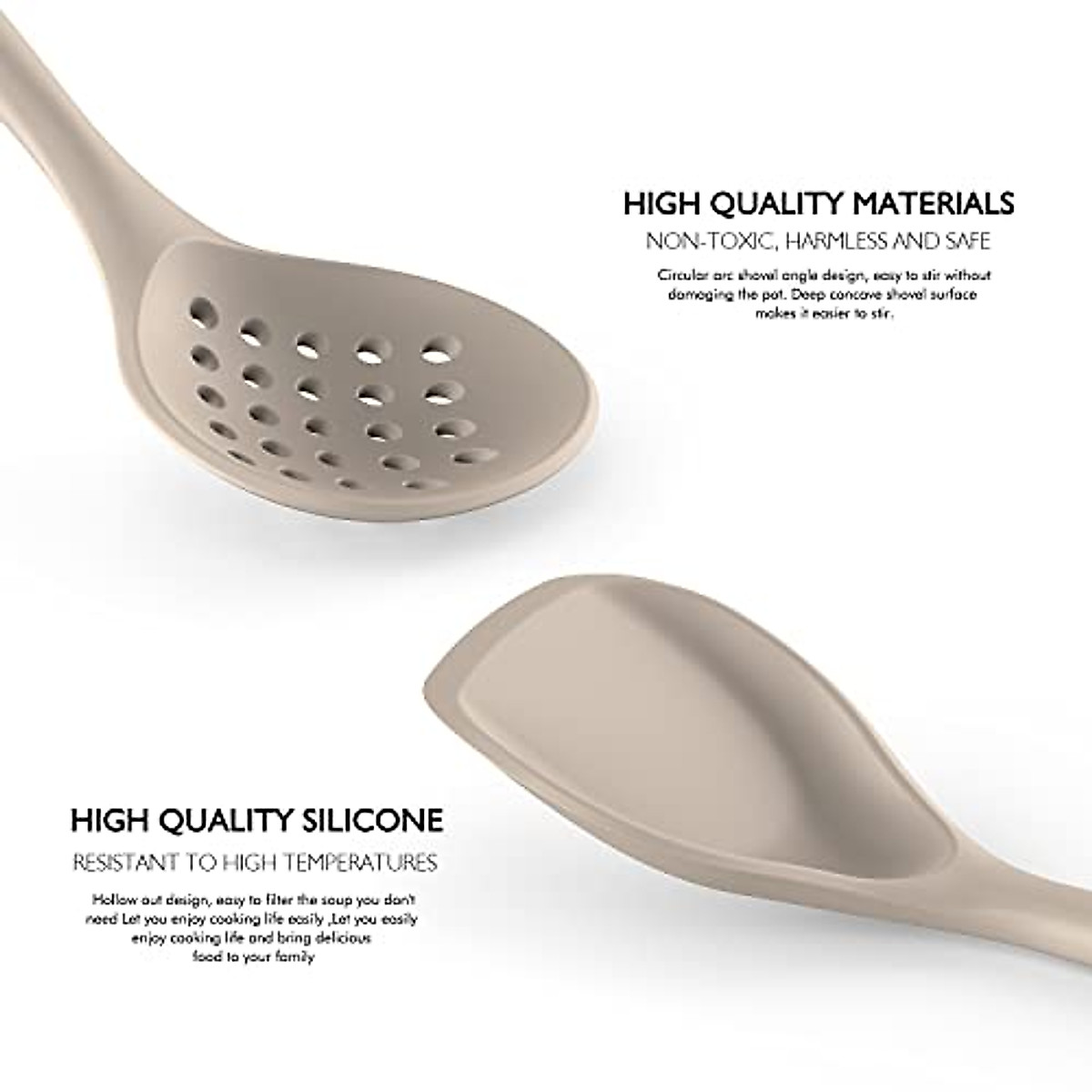 Large Silicone Cooking Utensils - Heat Resistant Kitchen Utensil Set with Wooden Handles, Spatula,Turner, Slotted Spoon, Pasta server, Kitchen Gadgets Tools Sets for Non-Stick Cookware (Khaki)