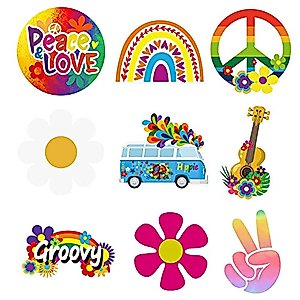 Kirako 45 Pcs Groovy Retro Hippie Cutouts Bulletin Board Decorations Set Colorful 60’s Hippie Bus Peace Sign Daisy Flower Boho Rainbow Wall Decals for Classroom Nursery Baby Shower Birthday Party