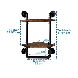 Bathroom Corner Shelf w/ Pipe Towel Bar – Farmhouse Towel Rack Made of Paulownia Wood and Cast Iron, Pipe Rack in Black Matte – Hand Towel Holder for Rustic Décor w/ 2-Tier Shelf - Rustic Brown