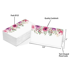 Table Place Card, Watercolor Floral Themed Tent Style Cards, Pack of 25 Half-Fold Reception Place Card, Perfect for Wedding, Bridal & Baby Shower, Party, Birthday, Banquet and Special Events A38